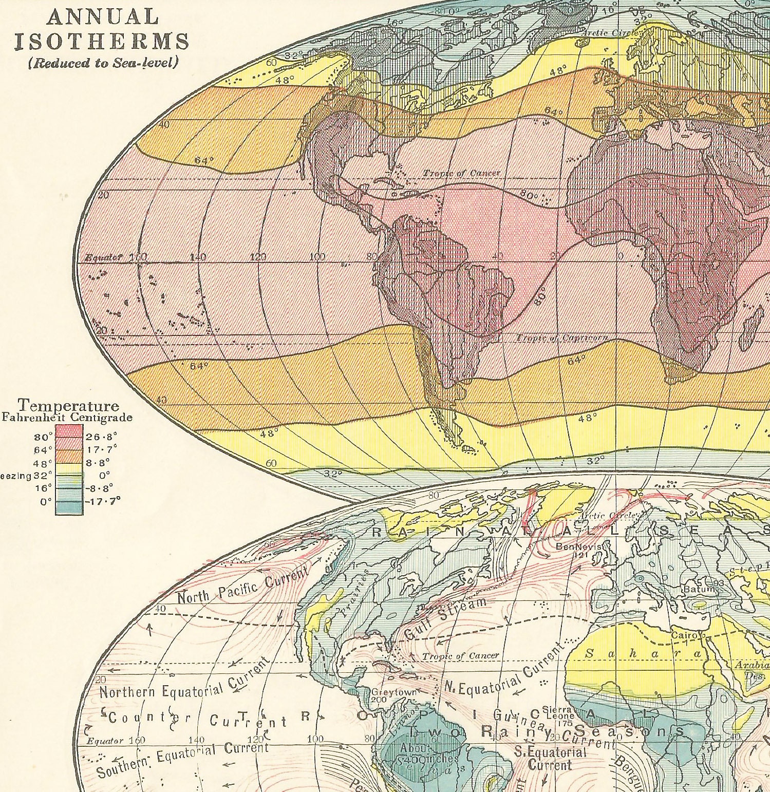 Rainfall and Wind World Map 1920s Travel World Map for Home Decor ...