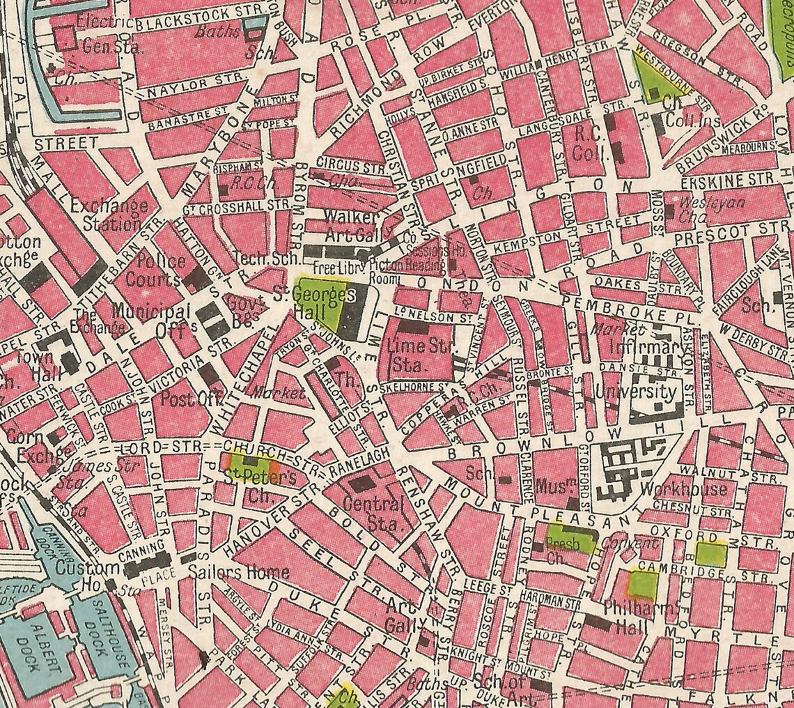 Liverpool Antique City Map 1900s Home Decor Vintage Prints Colour Great ...
