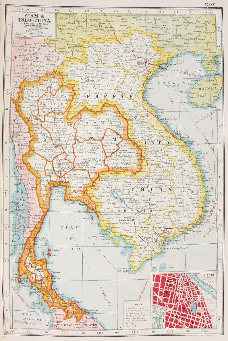 Antique Vietnam Indo China Siam Thailand Large Map Asia Art Map Vintage ...