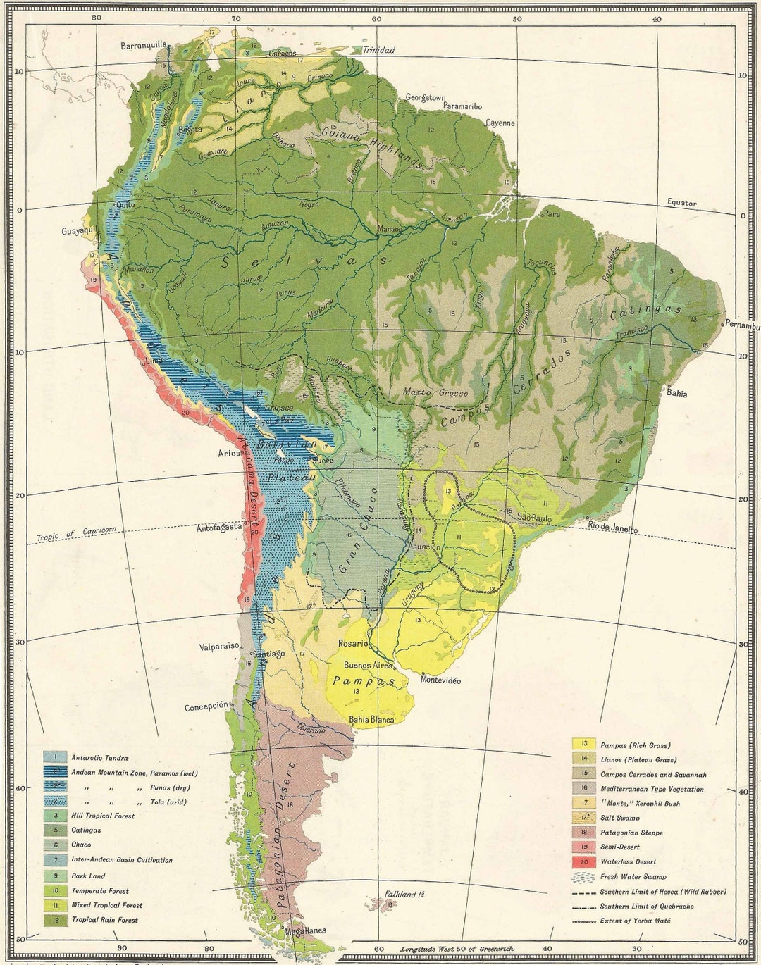 South America Vegitation Map 1940s Gift Maps Vintage Retro for Home ...