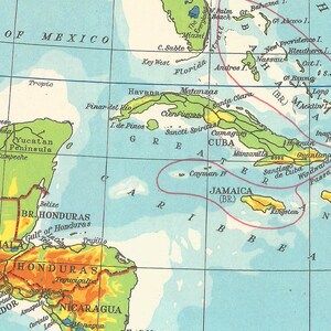 Central America West Indies 1950s Travel Maps for Home Decor Vintage ...