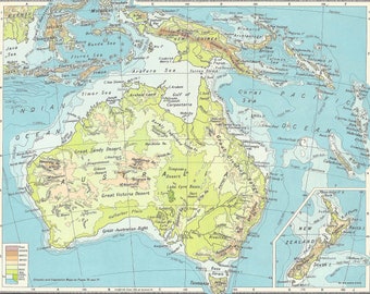 New Zealand Map 1950s Vintage Australia Home Decor Vintage Prints Old ...