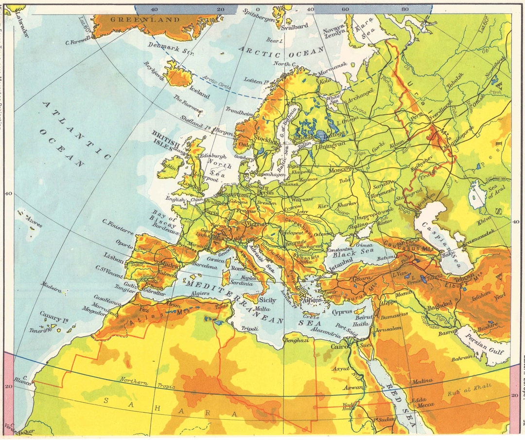 Europe, Physical Maps 1950s Travel Adventure Maps for Home Decor ...