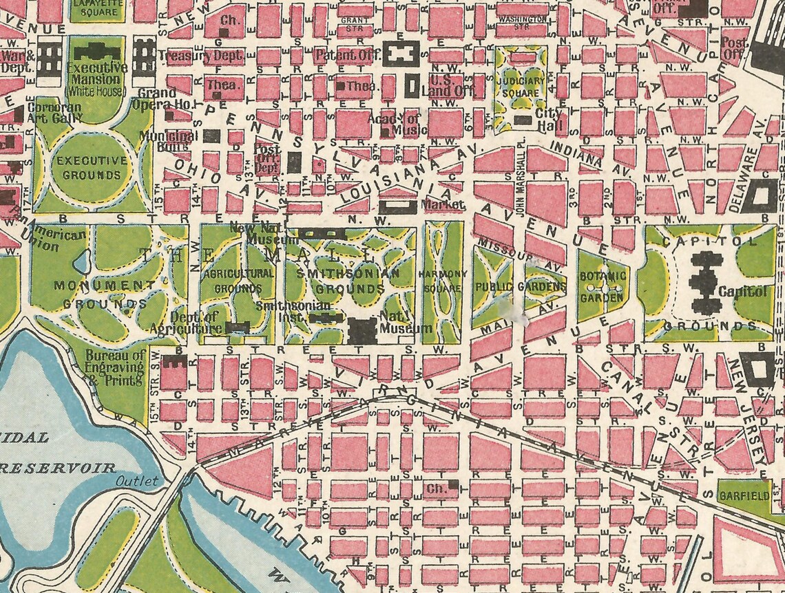 Antique Washington DC City Map 1800s Home Decor Vintage Prints Colour ...