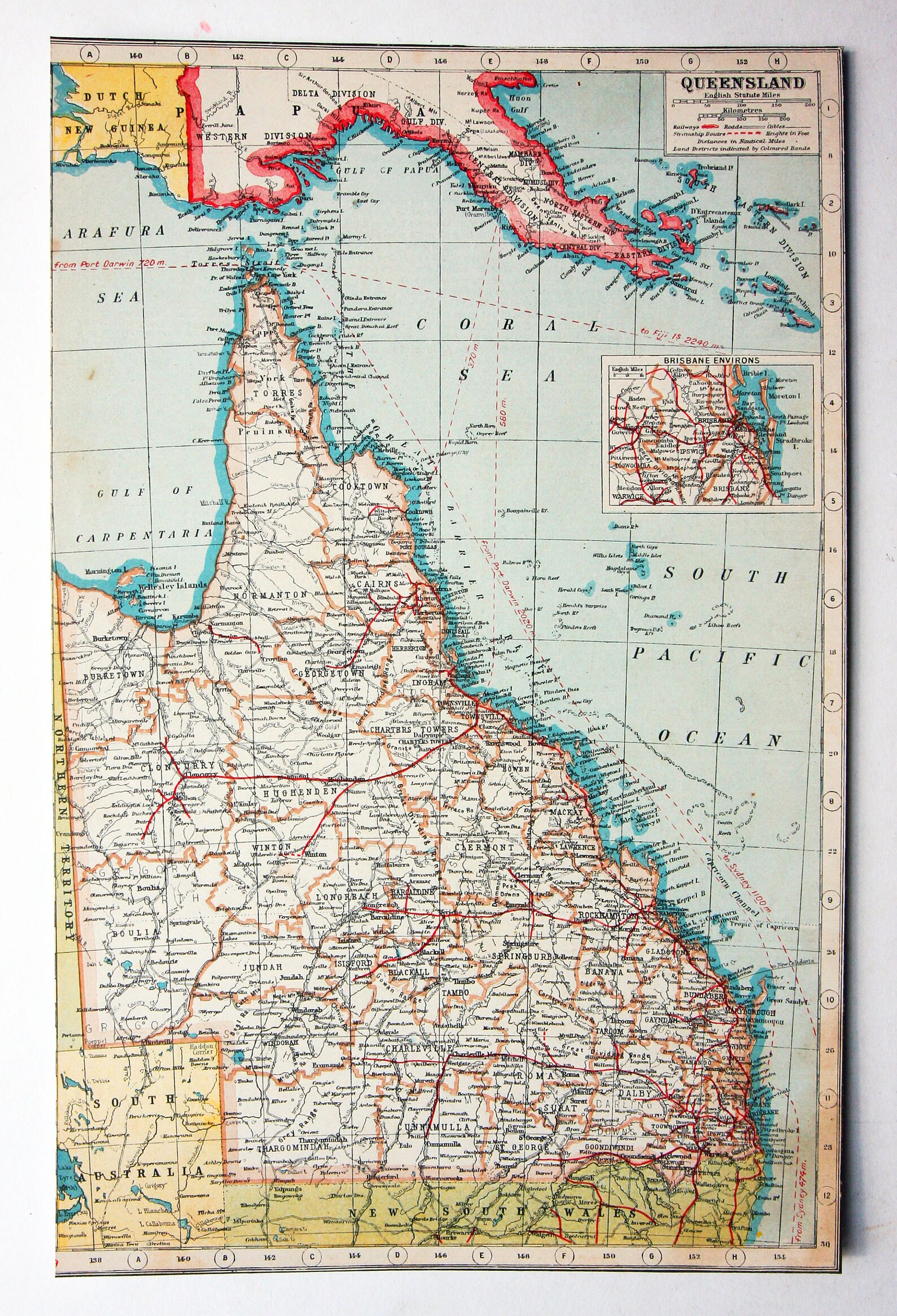 Queensland Antique City Map 1920s Large Map Australia Brisbane, Cains ...