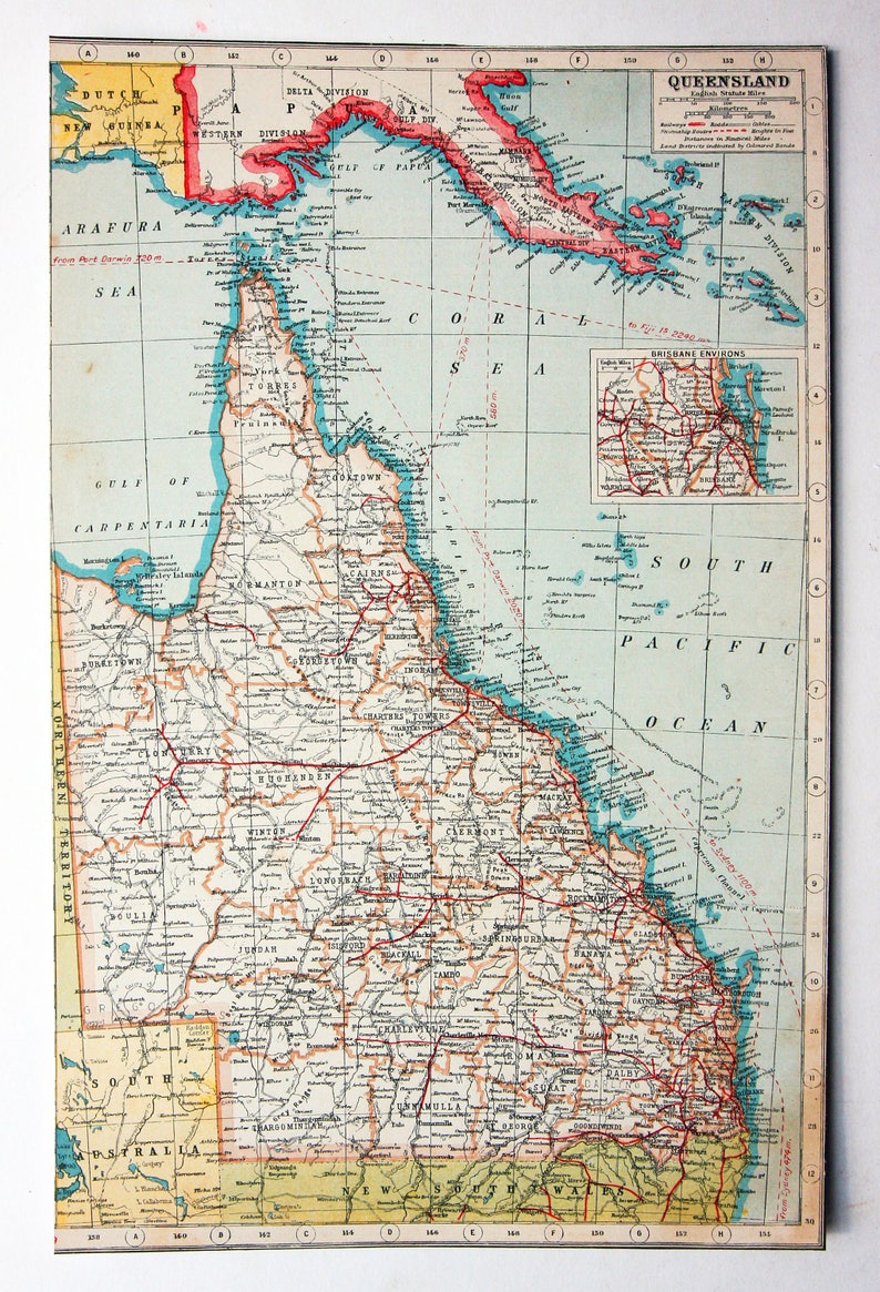 Queensland Antique City Map 1920s Large Map Australia Brisbane, Cains ...