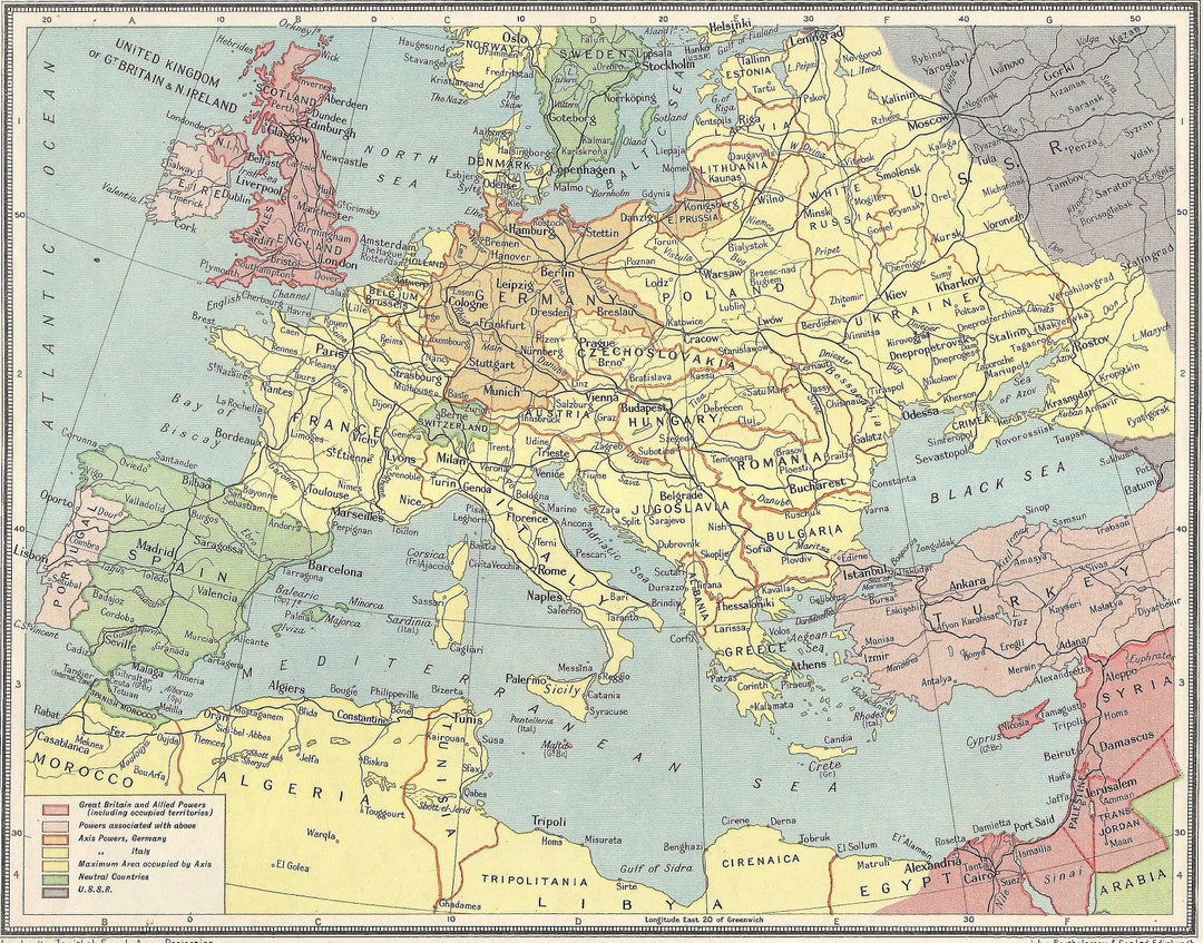 Europe Wartime Map Central World War Two 1940s Travel Adventure Maps ...