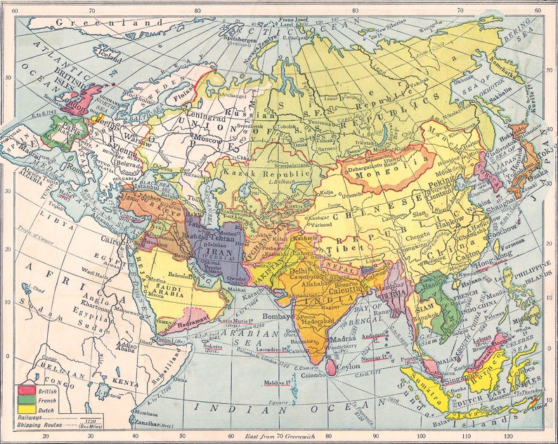Asia Map Colonial Political 1920s Vintage Maps Lithograph Prints Home ...