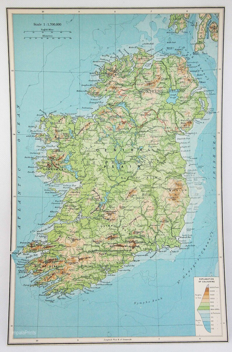 Map of Ireland 1936 Irish Free State, Northern Ireland Art Historical ...