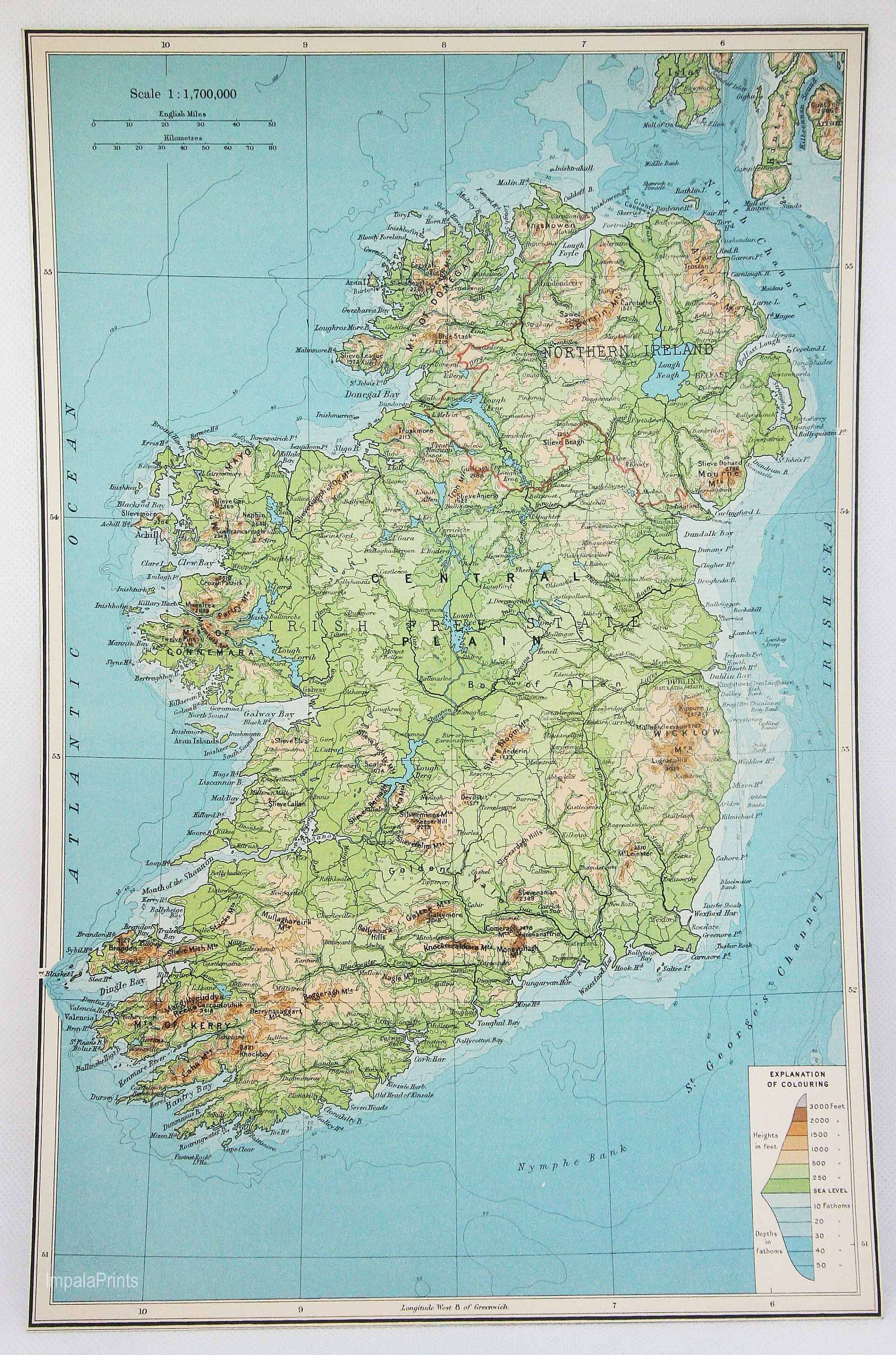 Map of Ireland 1936 Irish Free State, Northern Ireland Art Historical ...