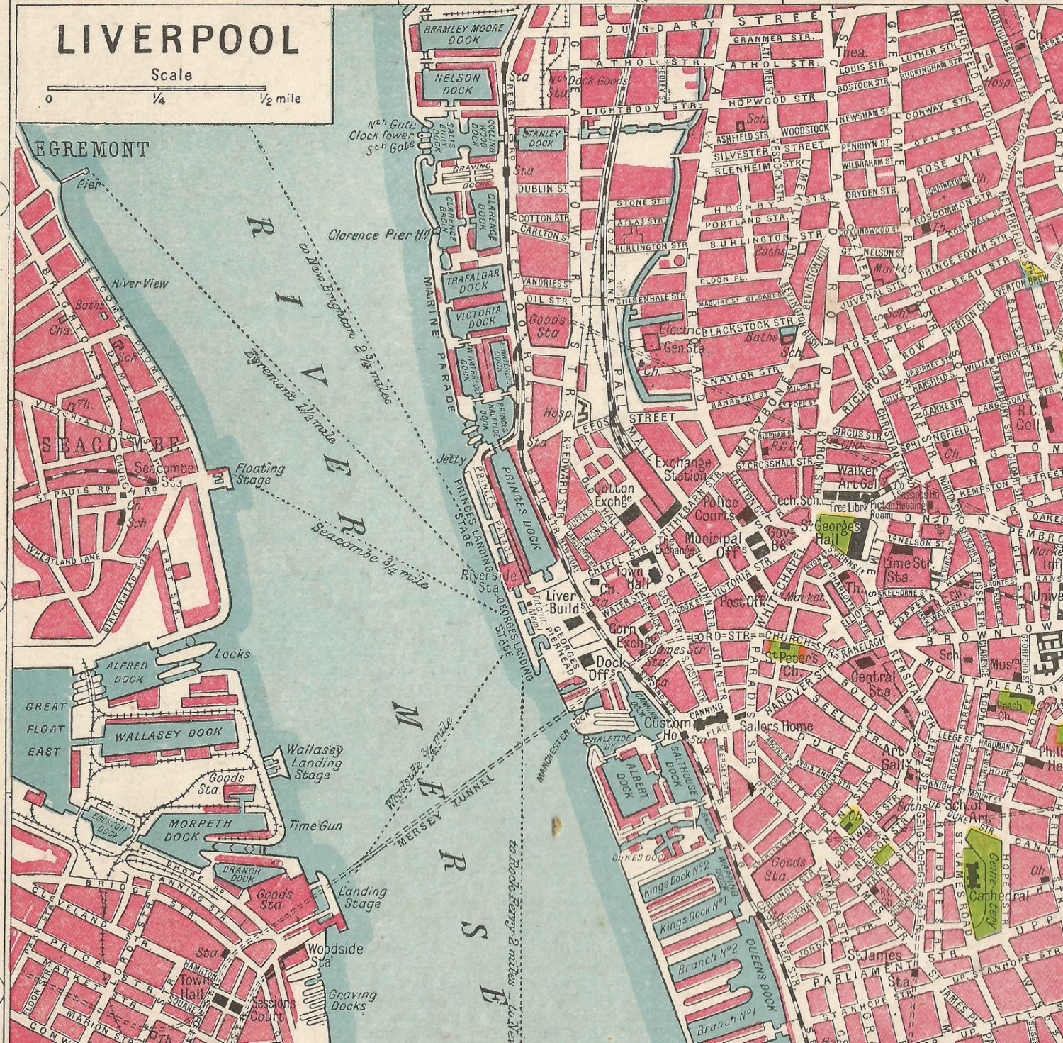 Liverpool Antique City Map 1900s Home Decor Vintage Prints Colour Great ...