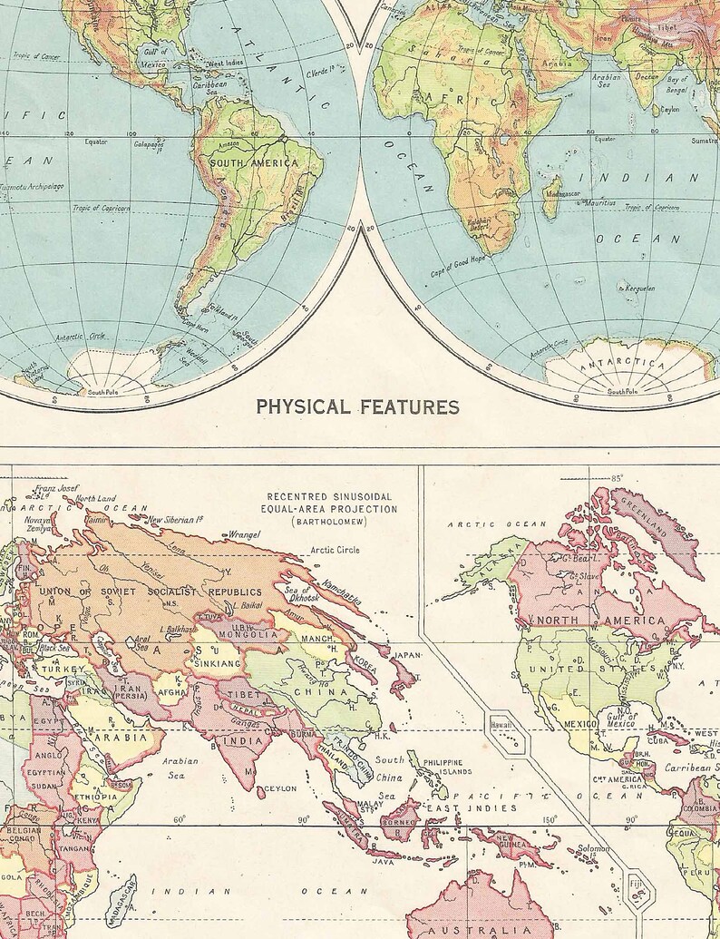 World Map Sinusoidal Projection 1940s Travel Adventure Maps for Home ...