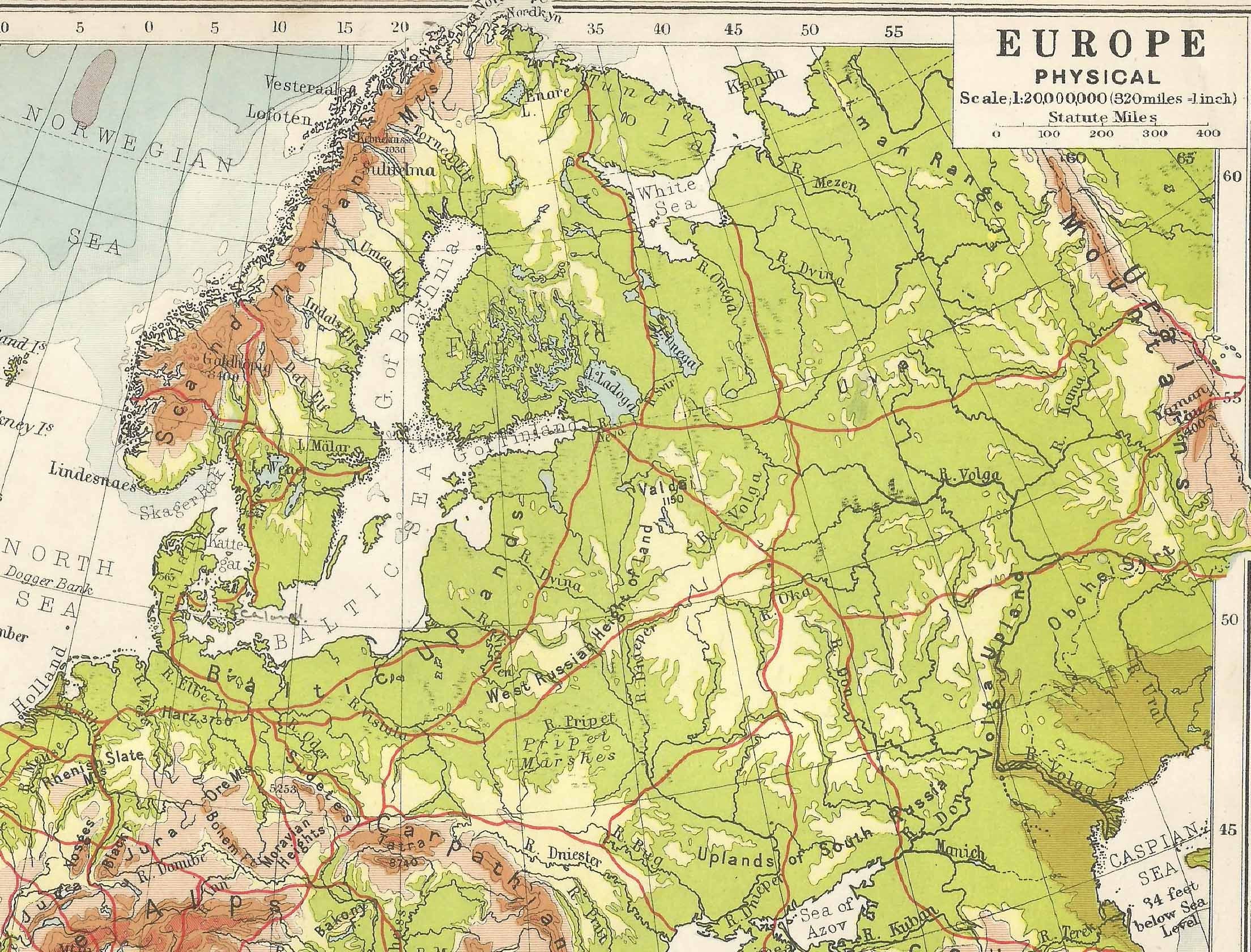 Europe Physical Map Antique Topographical 1910s Travel Adventure Maps ...