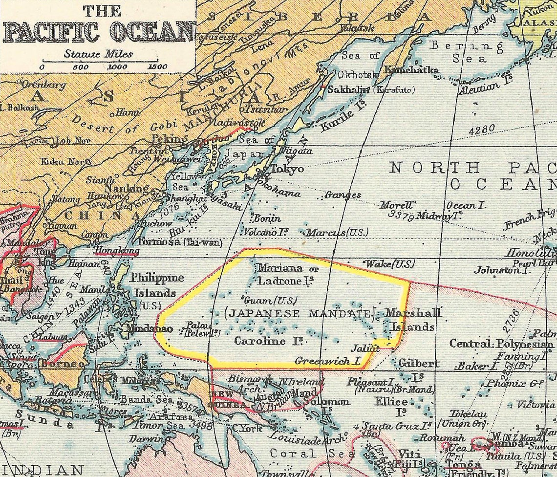 Pacific Ocean Map 1940s Vintage Maps Lithograph Prints Home Decor ...