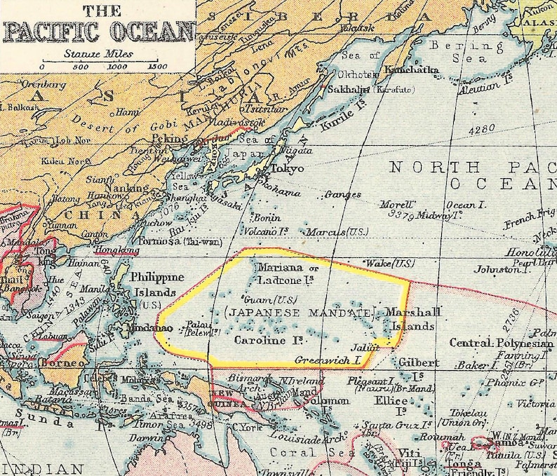 Pacific Ocean Map 1940s Vintage Maps Lithograph Prints Home Decor ...
