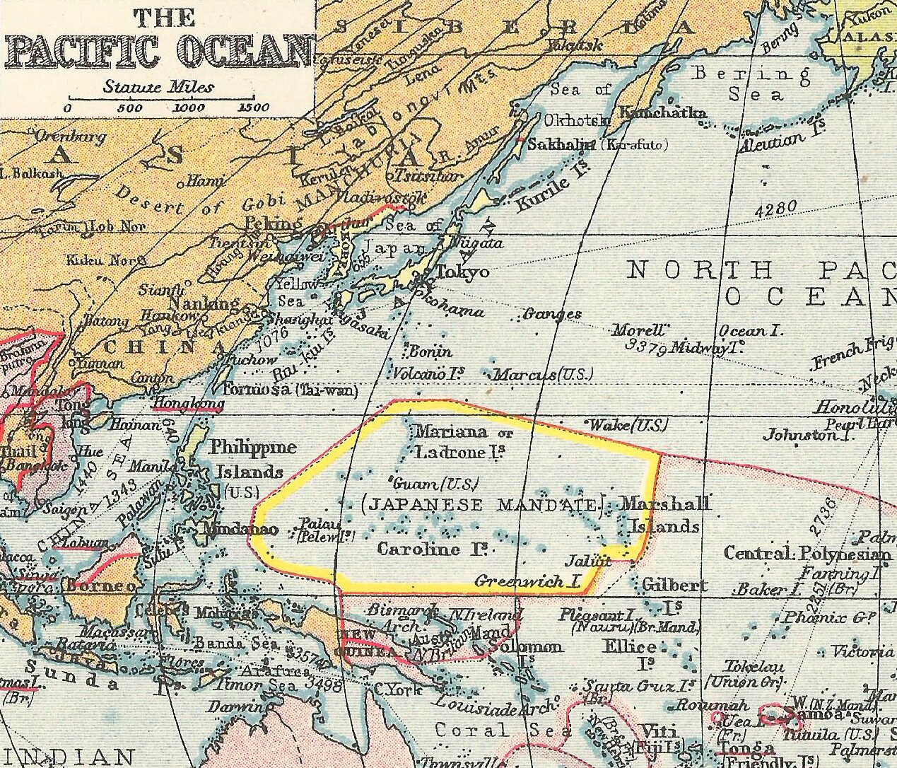 Pacific Ocean Map 1940s Vintage Maps Lithograph Prints Home Decor ...