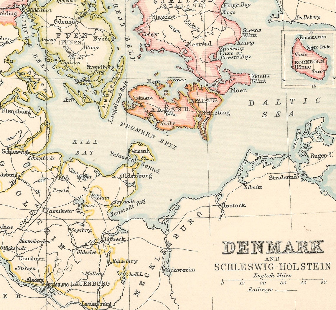 Denmark 1800s Antique Maps Europe Old Maps Home Decor Vintage Prints ...
