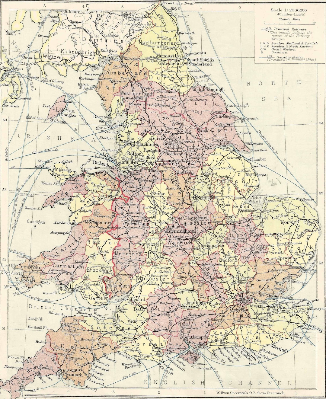 Railway & Road Map of England 1930s Vintage Map Train Map Home Decor ...