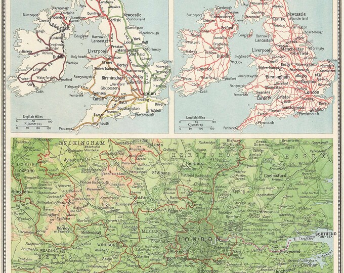 British Isles Maps 1940s Uk Map for Home Decor Railway Map Road Map ...