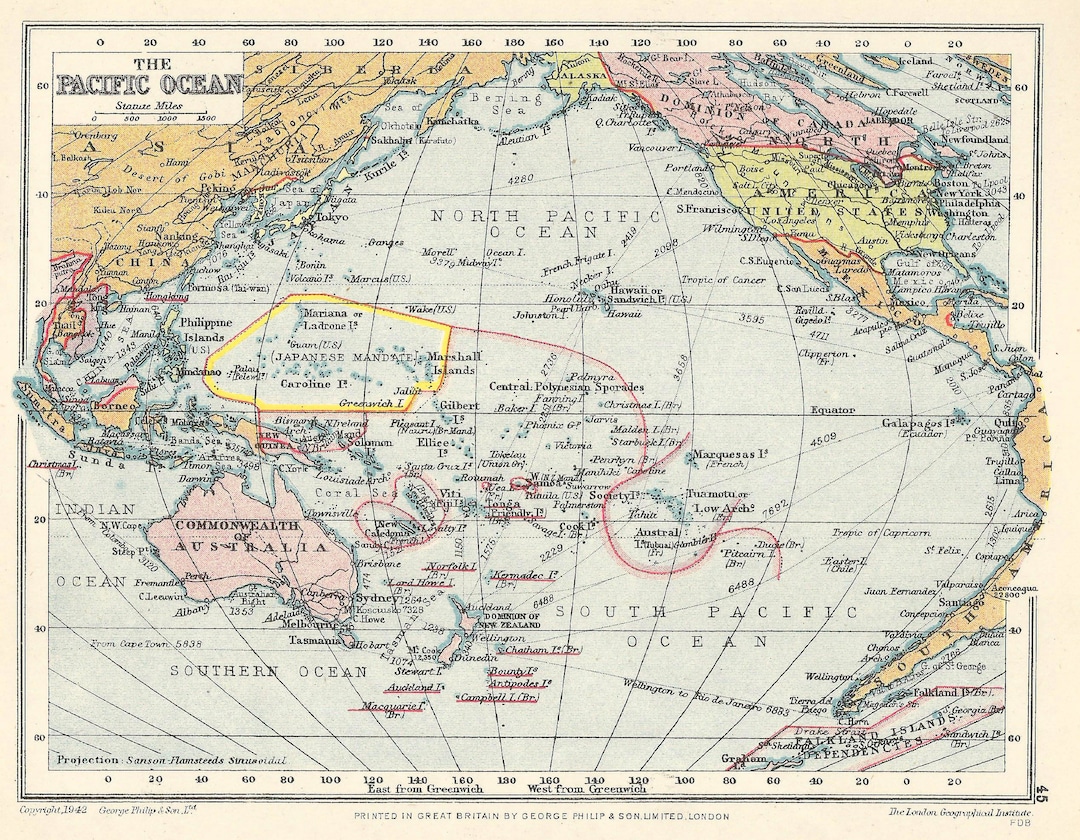 Mapa del Océano Pacífico década de 1940 Mapas vintage - Etsy España