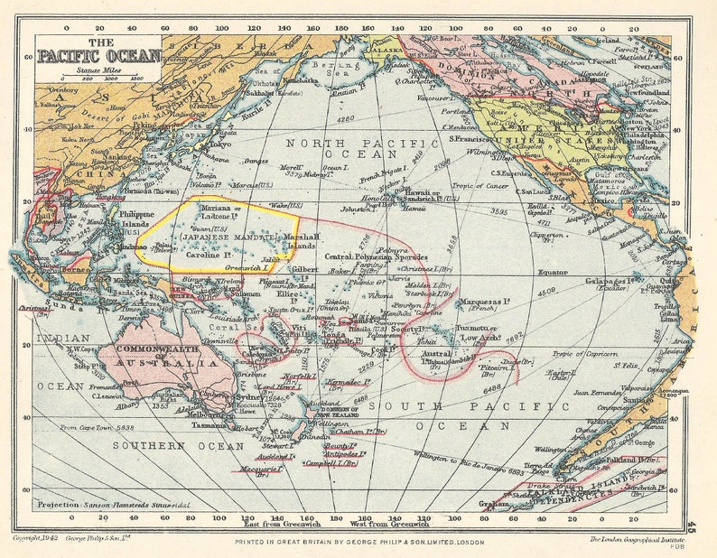 Pacific Ocean Map 1940s Vintage Maps Lithograph Prints Home Decor ...