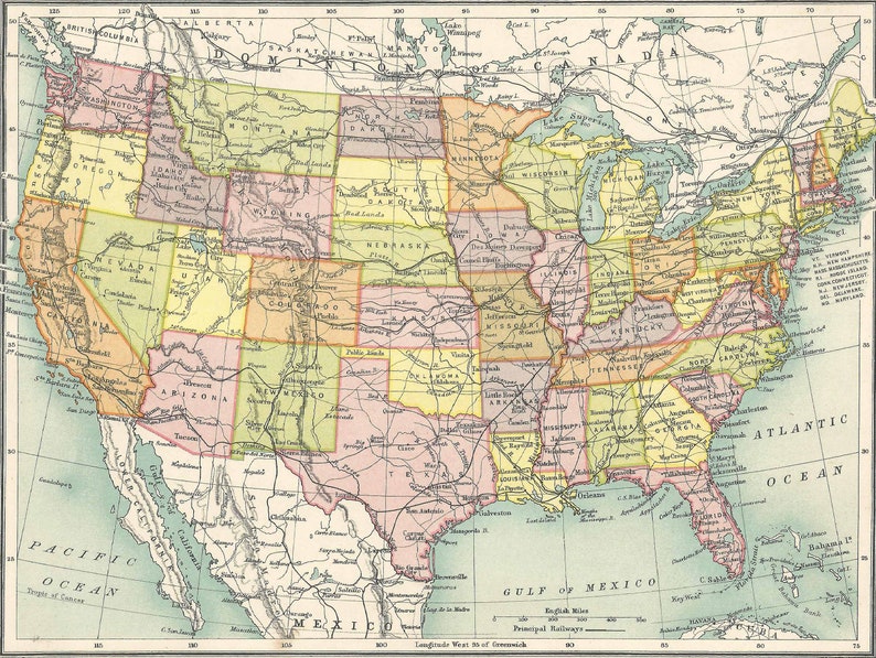 United States Antique Political Map Antique Home Decor Antique Vintage ...