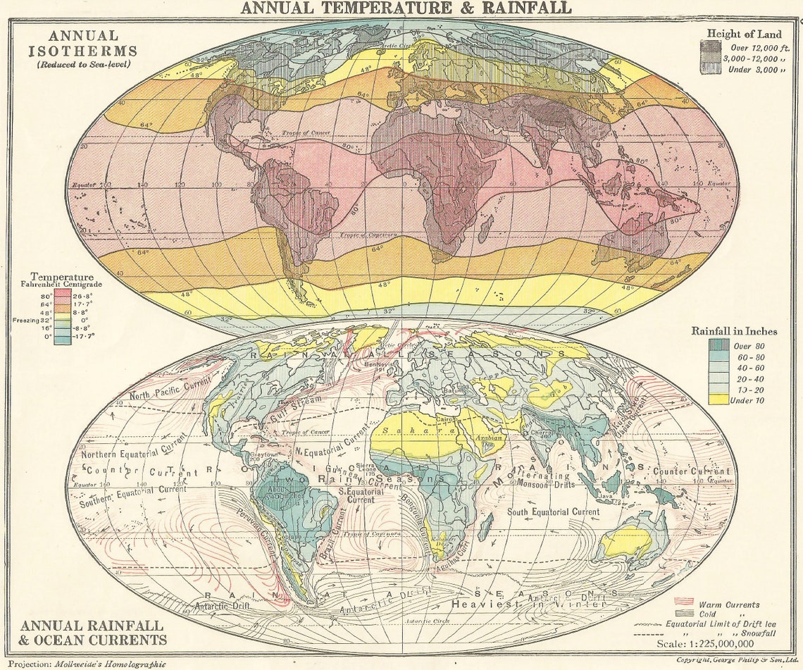 Rainfall and Wind World Map 1920s Travel World Map for Home Decor ...