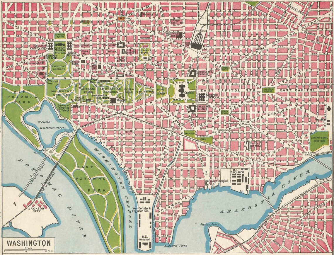 Antique Washington DC City Map 1800s Home Decor Vintage Prints Colour ...