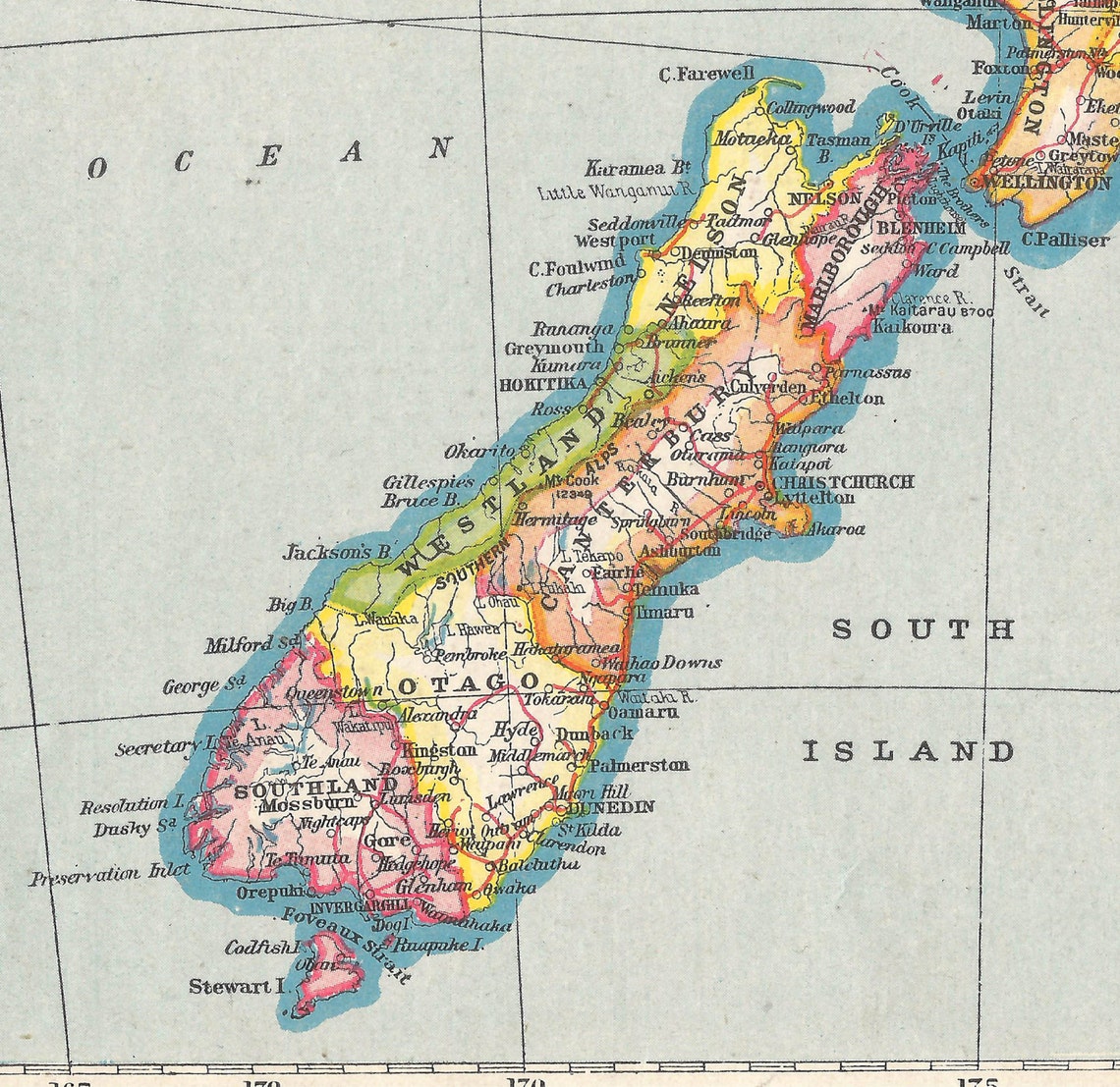 Antique New Zealand 1900s Map Home Decor Vintage Prints Old Maps Prints ...