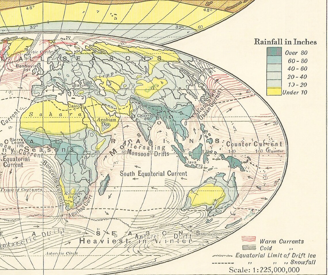 Rainfall and Wind World Map 1920s Travel World Map for Home Decor ...