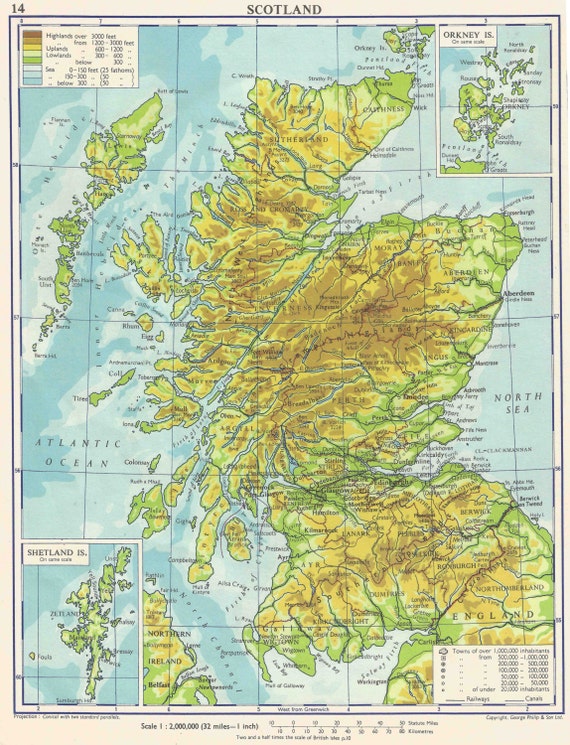 Physical Map Of Scotland travel adventure maps for home decor | Etsy