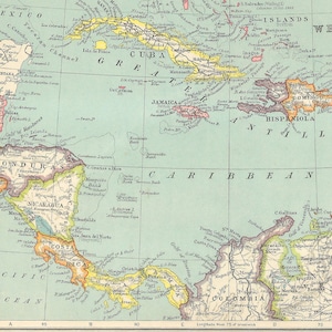 Caribbean Map 1930s Vintage Map Carribean Sea Lithograph Vintage Prints ...
