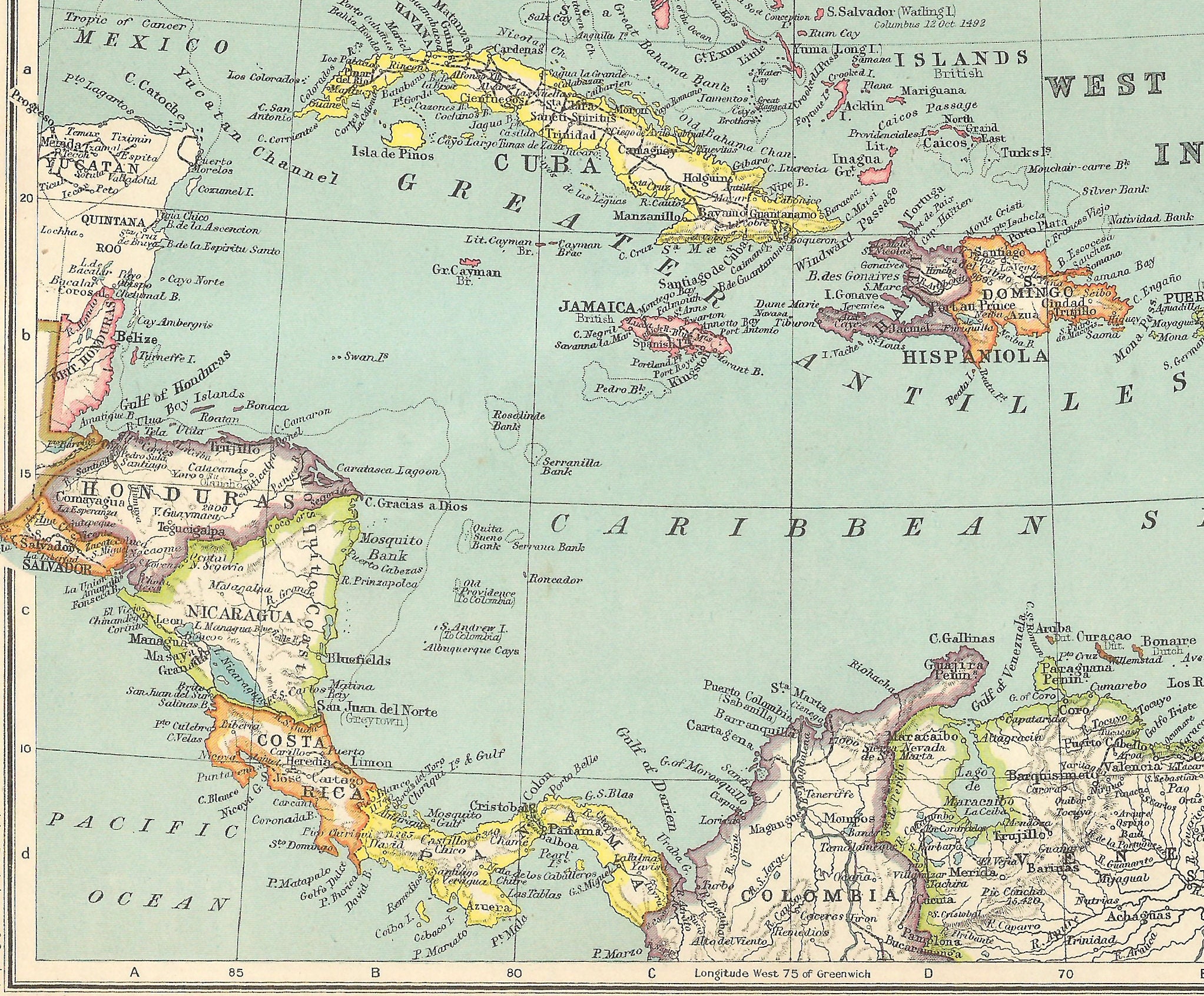 Caribbean Map 1930s Vintage Map Carribean Sea Lithograph Vintage Prints ...