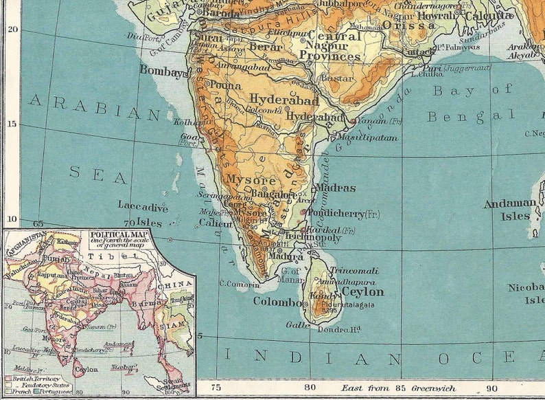 Indian Empire 1920s Political Map Antique Home Decor Antique Vintage ...