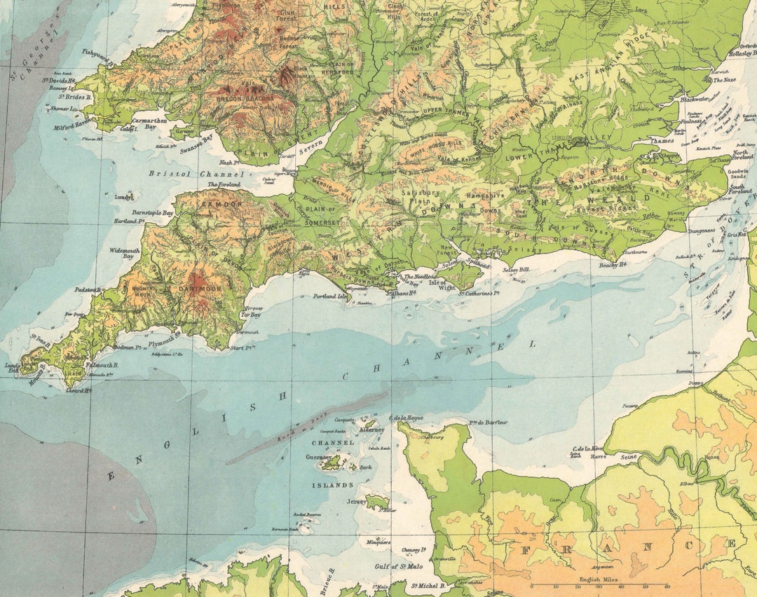 English Channel 1900s England France Maps Home Decor Vintage Prints Old ...