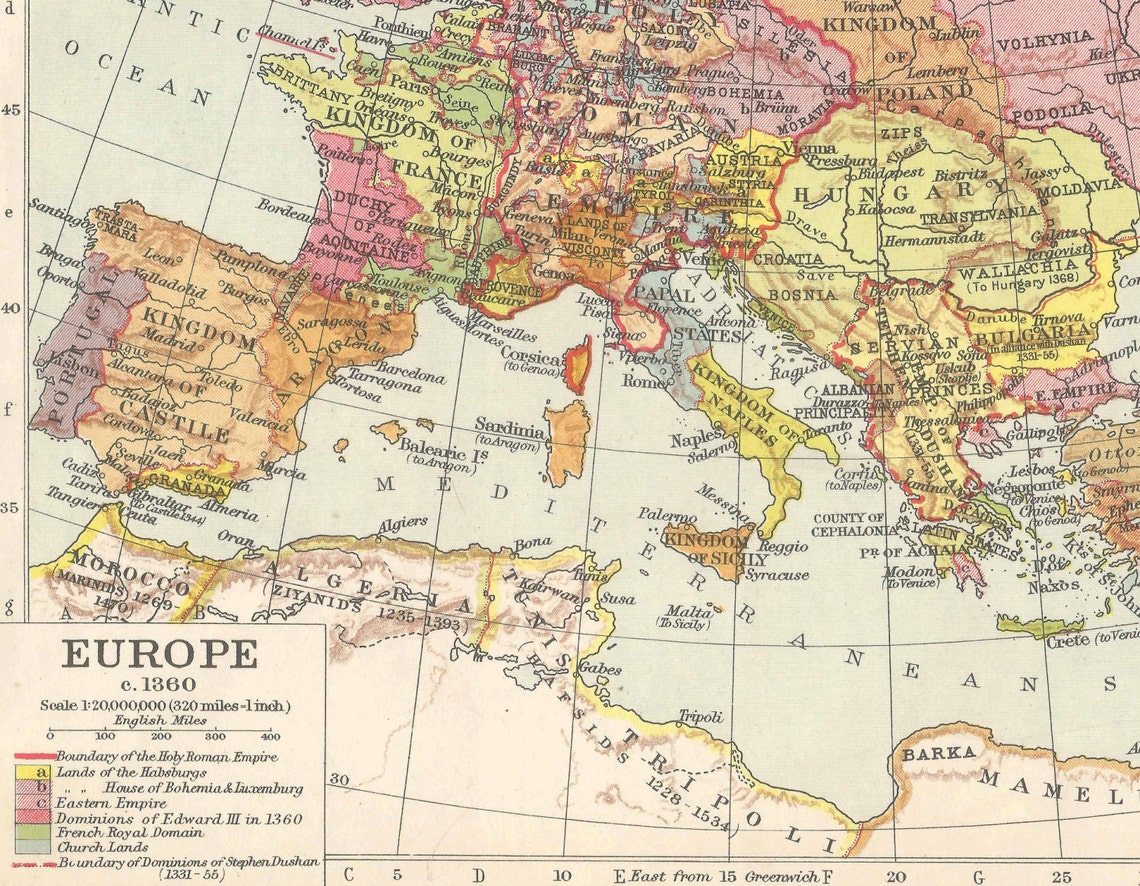 European 1360 Political Map Antique Home Decor Antique Vintage - Etsy