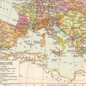 European 1360 Political Map Antique Home Decor Antique Vintage Prints ...