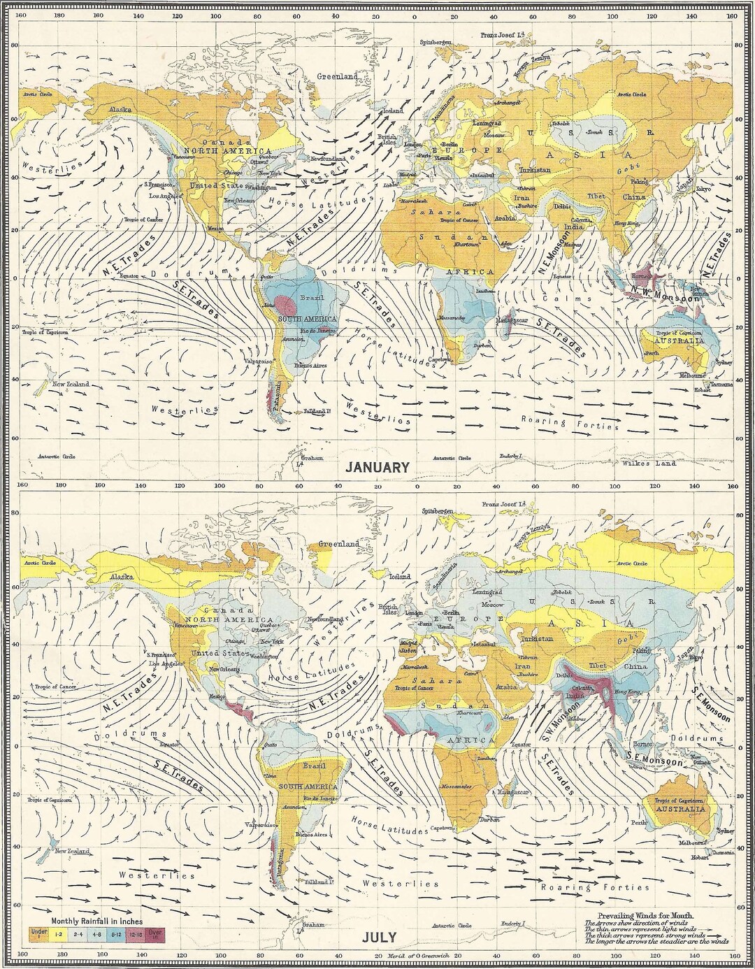 Rainfall and Wind 1940s Travel World Map for Home Decor Vintage Prints ...