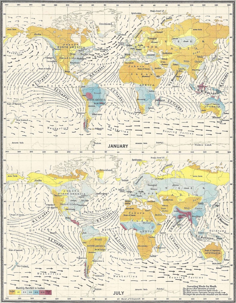 Rainfall and Wind 1940s Travel World Map for Home Decor Vintage Prints ...