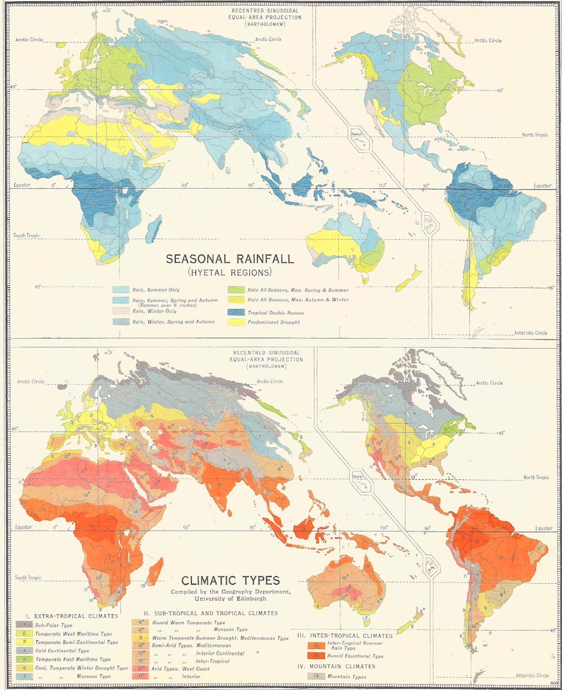 Rainfall and Climate Map World Isobars 1960 Weather World Map for Home ...