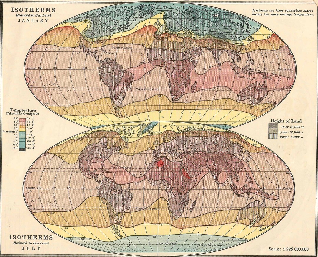 Rainfall and Wind World Map 1920s Travel World Map for Home Decor ...