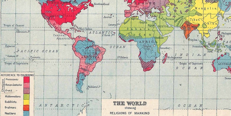 World Religions 1915 Antique Map Diagram Vintage Prints Colour Great ...