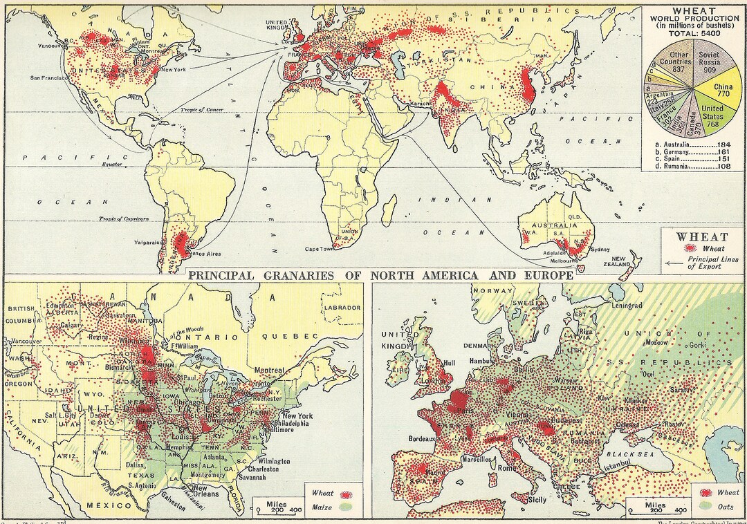 Principal Granaries Chart Map Vegitation 1930s Map Wheat Map - Etsy