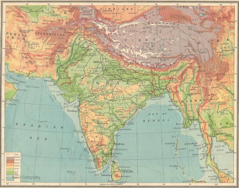 India Burma and Ceylon 1940s Map Travel Adventure Maps for - Etsy
