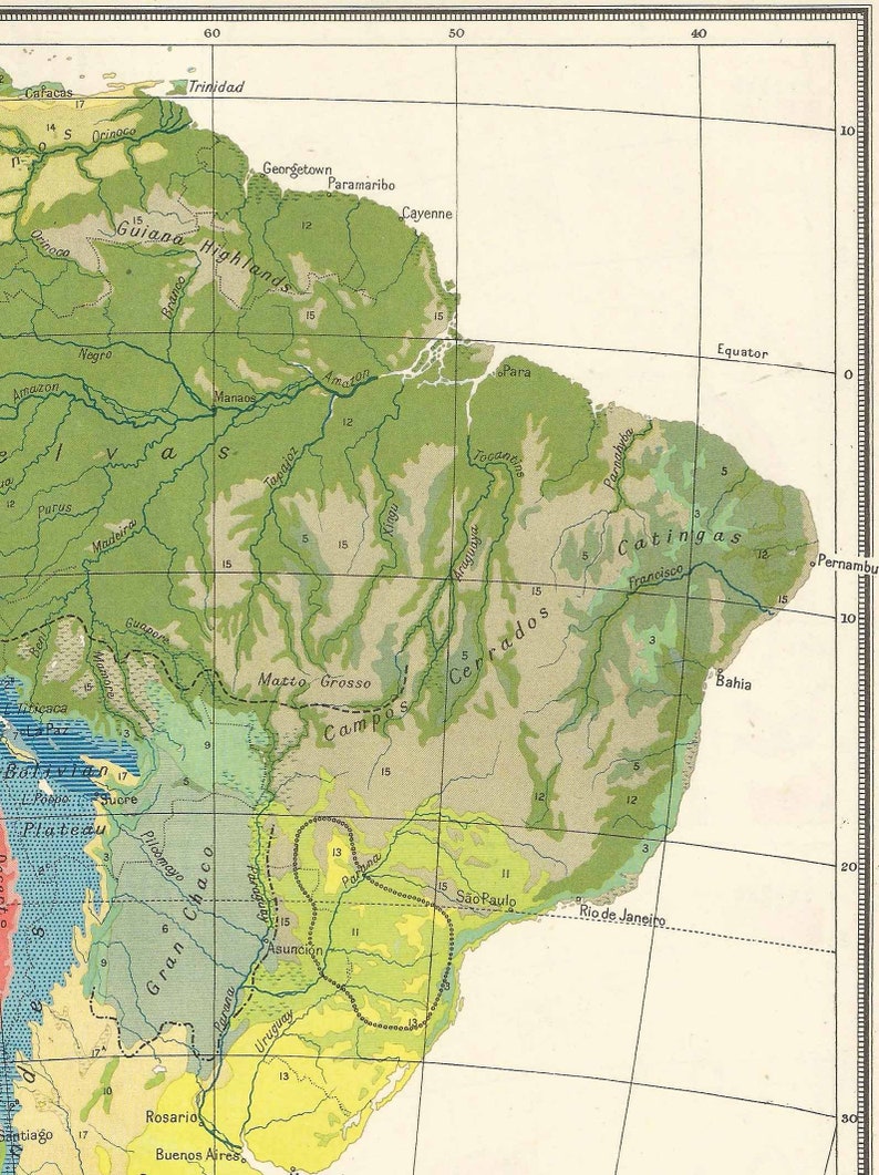 South America Vegitation Map 1940s Gift Maps Vintage Retro for Home ...