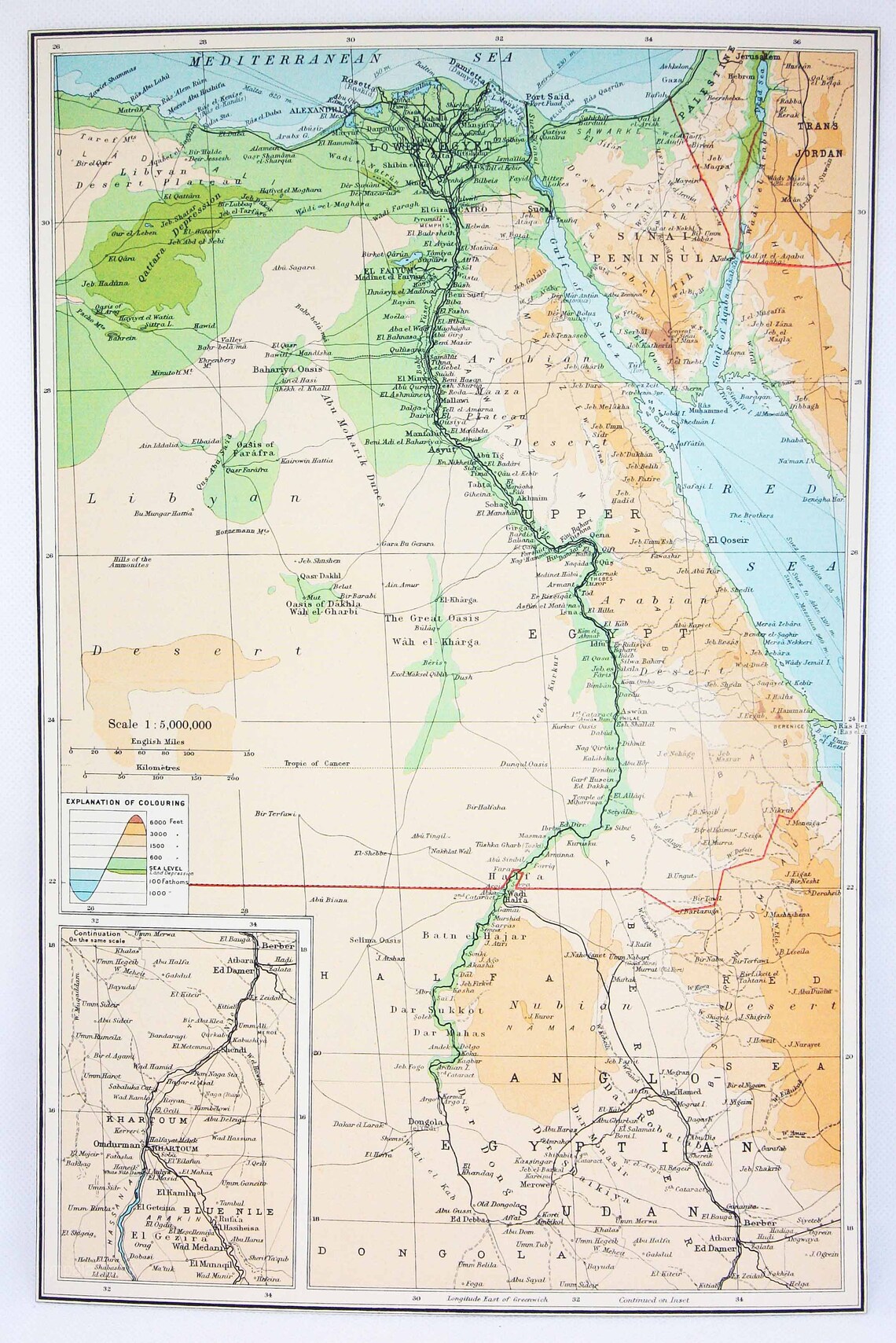 Egypt Map 1936 Map Art Egyption Historical Cairo Antiques Lithograph ...