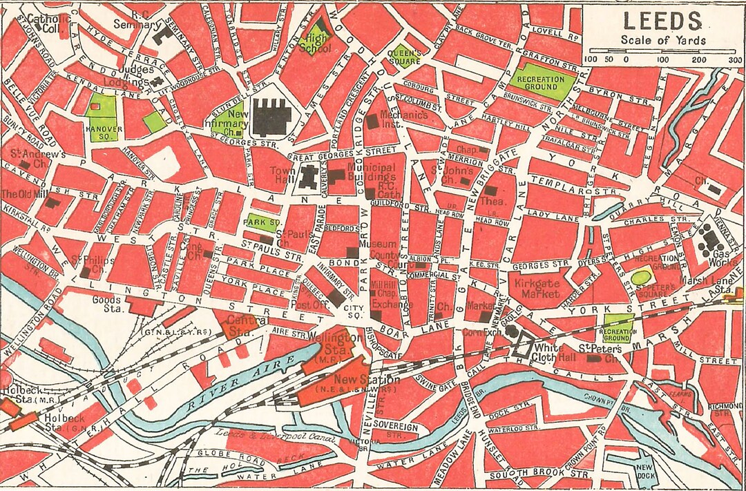 Leeds Antique City Map 1900s Town Home Decor Vintage Prints Colour ...