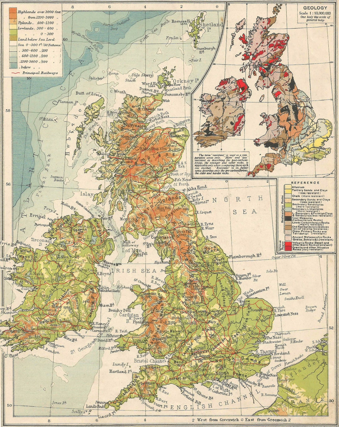 British Isles and Geological Map 1920s Travel Adventure Maps for Home ...