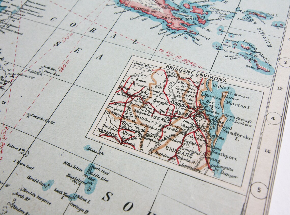 Queensland Antique City Map 1920s Large Map Australia Brisbane, Cains ...