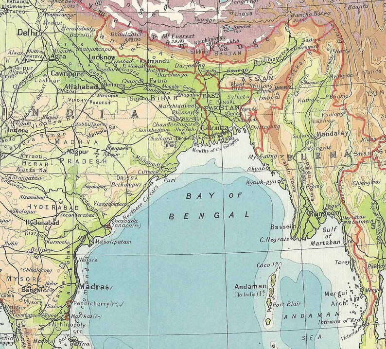 Regions of India 1950s Vintage Map of India, Pakistan, Burma Wall Maps ...